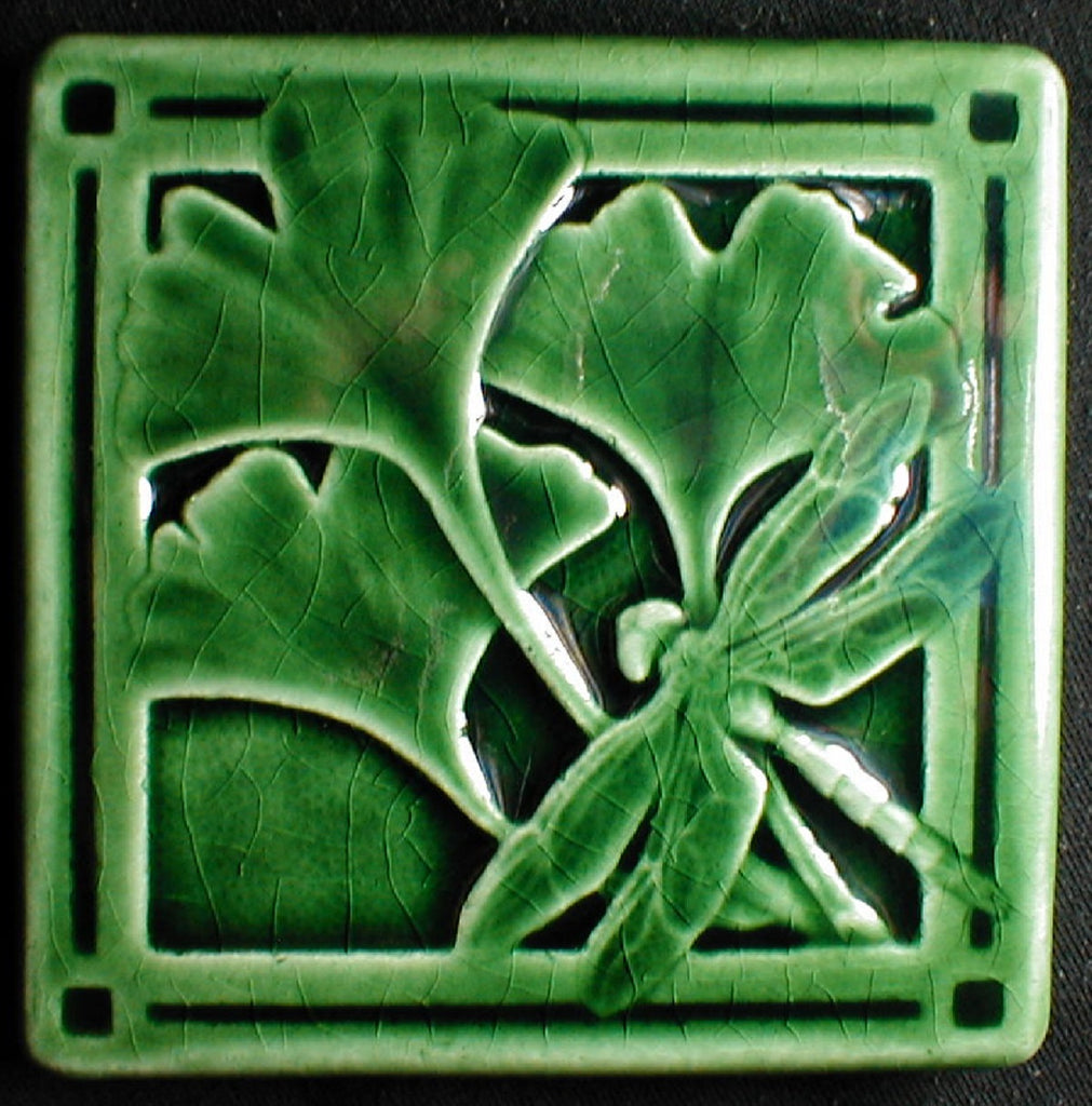 Gingko Dragonfly Tiles in Elizabethan Green - Campbell Tileworks